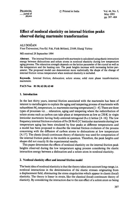 Pdf Effect Of Nonlocal Elasticity On Internal Friction Peaks Observed During Martensite