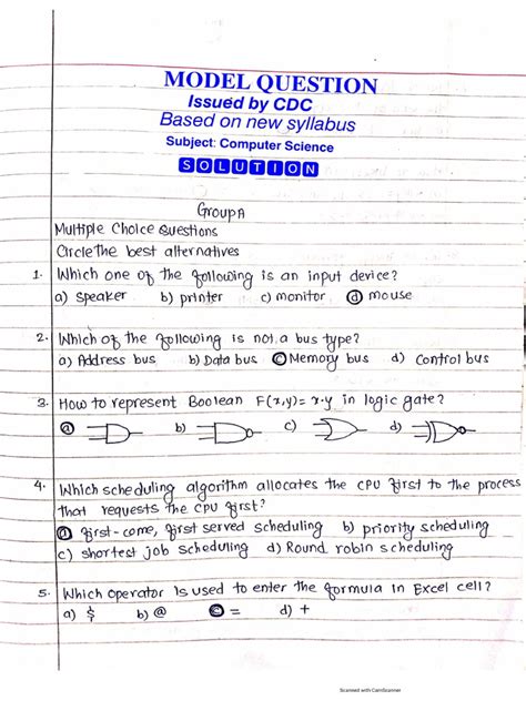 Computer Science Xi Model Solution Pdf