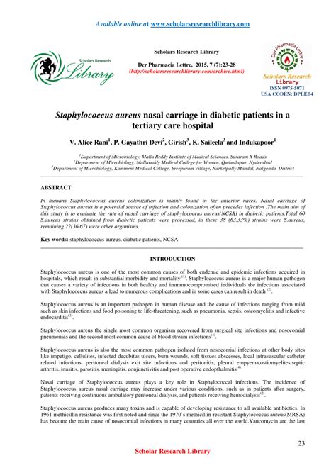 Pdf Staphylococcus Aureus Nasal Carriage In Diabetic Patients In A Tertiary Care Hospital