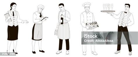 레스토랑 직원이 아프리카계 미국인 남성과 여성 캐릭터를 웃고 있습니다 매니저 요리사 웨이터 소믈리에 직원 흑인과 백인 윤곽 벡터 일러스트 레이 션 경영자에 대한 스톡 벡터