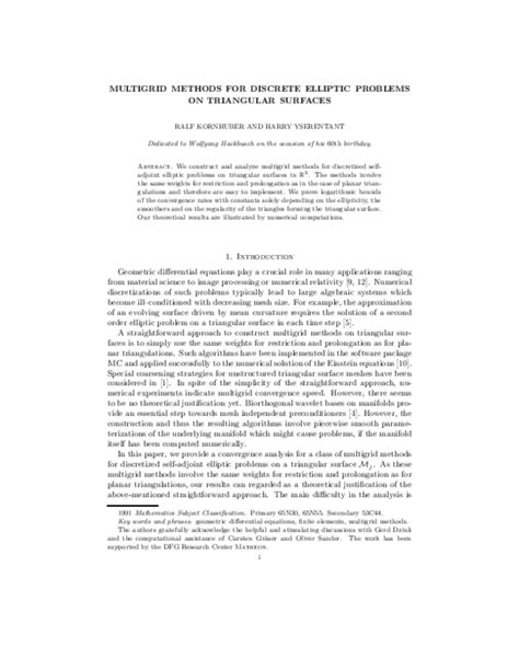 Pdf Multigrid Methods For Discrete Elliptic Problems On Triangular Surfaces