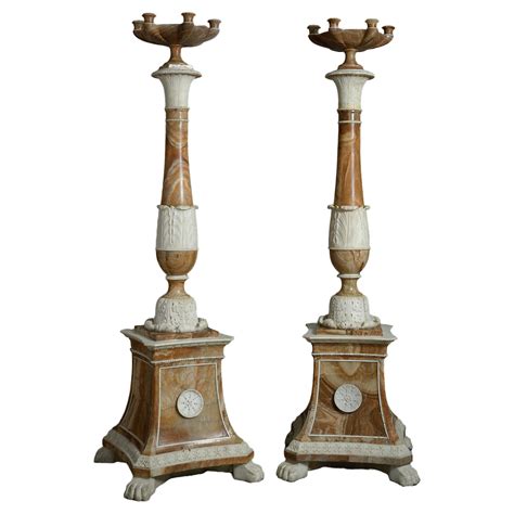 Massive Pair Of Roman Statuary Marble And Tuscan Alabaster Torchiere
