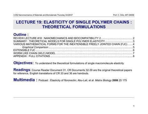 Lecture 19 Elasticity Of Single Polymer Chains Theoretical Formulations Outline