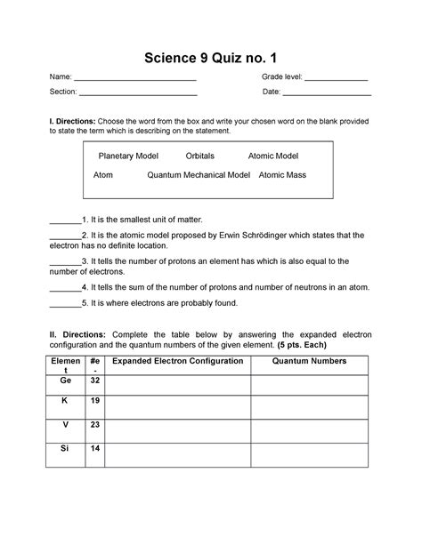 Science 9 Quiz No1 Education Science 9 Quiz No 1 Name Grade