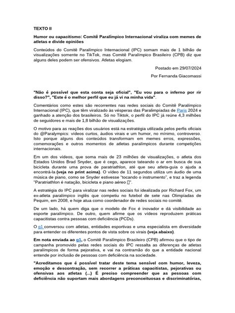 Texto Ii Humor Ou Capacitismo Pdf
