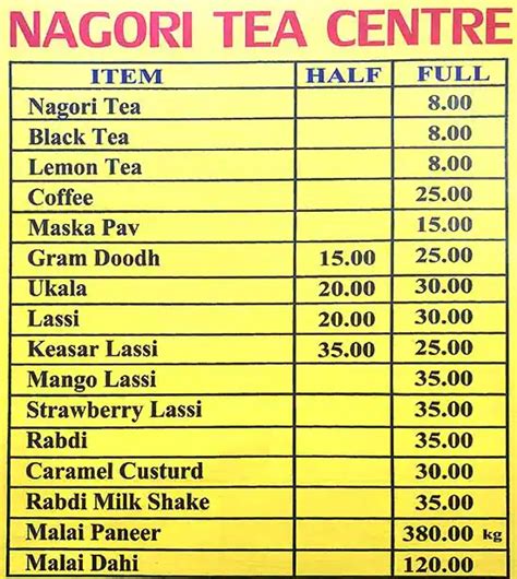 Menu Of Nagori Tea Point Mahakali Mumbai