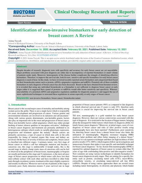 Pdf Identification Of Non Invasive Biomarkers For Early Detection Of