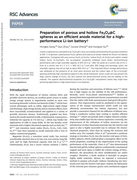 Pdf Preparation Of Porous And Hollow Fe3o4c Spheres As An Efficient Anode Material For A High
