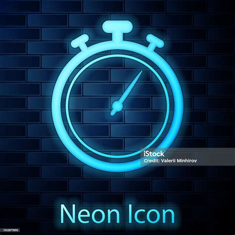 빛나는 네온 스톱 워치 아이콘 벽돌 벽 배경에 고립 시간 타이머 기호입니다 크로 노 미터 기호 벡터 일러스트 0명에 대한 스톡 벡터 아트 및 기타 이미지 Istock