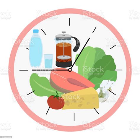 간헐적 금식의 개념으로 다이얼 건강한 음식과 물과 차 와 부문으로 나누어 체중 감량과 신진 대사를 가속화하는 방법 계획 8 16 음식 창 벡터 그림입니다 식사 음식에 대한