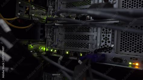 Back Panel Of Powerful Servers Installed In The Rack Of The Server Room Of The Data Center Stock