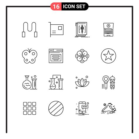 Set Of 16 Modern Ui Icons Symbols Signs For Butterfly Tecnology Code Computing Program Editable