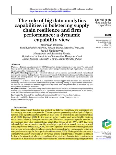 The Role Of Big Data Analytics Capabilities In Bolstering Supy Chain Resilience And Firm