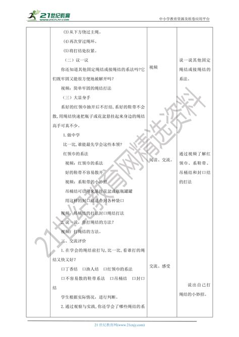 湘科版 三年级《综合实践活动》第10课《奇妙的绳结》教案21世纪教育网 二一教育