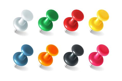 핀 압정 사실적인 푸시핀 격리된 맵 마커입니다 3d 포인터 미리 알림을 메모에 첨부하도록 설정된 Thumbtacks입니다 사무실 문구 금속 바늘이 있는 벡터 플라스틱 버튼