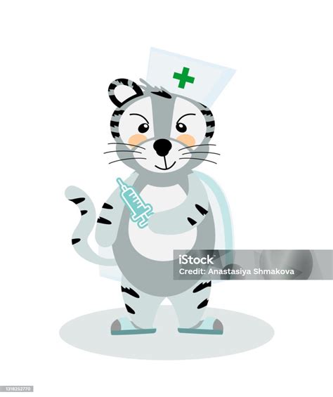 2022년의 상징인 한 장면과 백신이 있는 의복을 입은 쾌활한 줄무늬 벵골 호랑이 의사 손으로 그린 흰색 배경에 격리된 벡터 그림입니다 어린이 용 티셔츠 엽서 포스터 스티커