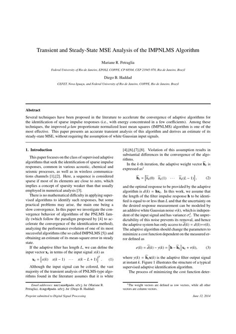 Pdf Transient And Steady State Mse Analysis Of The Impnlms Algorithm
