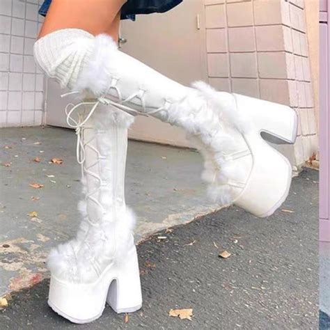 다미님 굽12cmsml 통굽 롱부츠 키높이 가보시 라운드 양털 뽀글이 퍼 스트링 스트랩 끈 리본 높은 앵클 첼시 웨스턴 스판 니하이 통넓은 레이스업 하비 하객룩