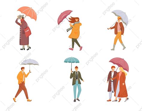 우산 플랫 컬러 벡터 얼굴 없는 문자 세트와 함께 걷는 사람들 비 문자 세련된 Png 일러스트 및 벡터 에 대한 무료 다운로드 Pngtree