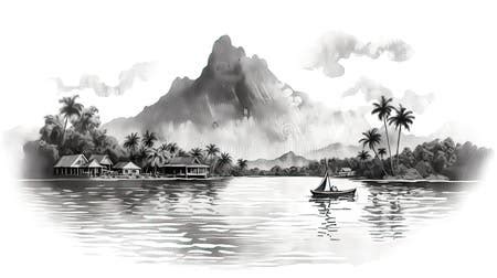 Tahiti Polynésie Française Illustration Au Crayon Noir Et Blanc Avec