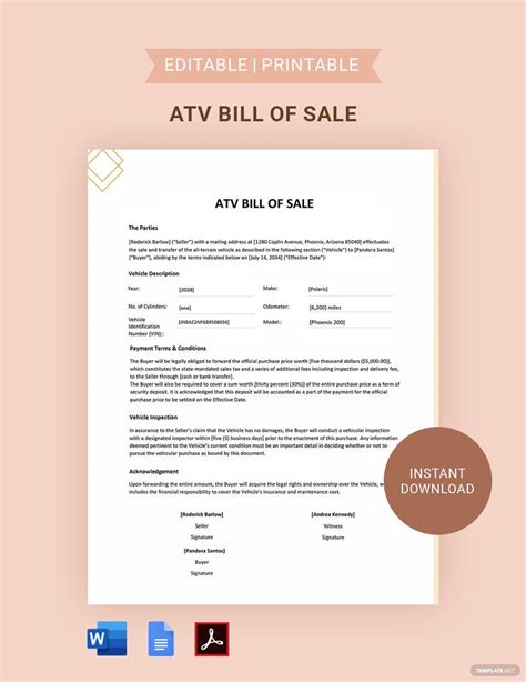 Atv Bill Of Sale Template In Pdf Word Google Docs Download Template Net