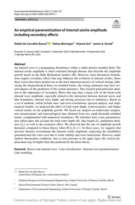 An Empirical Parametrization Of Internal Seiche Amplitude Including Secondary Effects Request Pdf