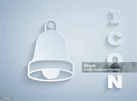 회색 배경에 고립 된 종이 컷 교회 종 아이콘 알람 기호 서비스 벨 핸드벨 기호 알림 기호 종이 아트 스타일 벡터 3차원 형태에
