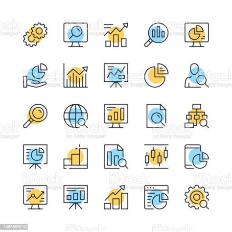 데이터 분석 라인 아이콘입니다 데이터 분석 아이콘 집합입니다 검정 파랑 및 노랑 색상 현대적인 선형 윤곽선 그래픽 디자인 벡터 선 아이콘 세트 0명에 대한 스톡 벡터 아트