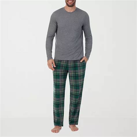 Cuddl Duds Mens Fleece Crew Neck Long Sleeve 2 Pc Pant Pajama Set Color Green Tartan Jcpenney