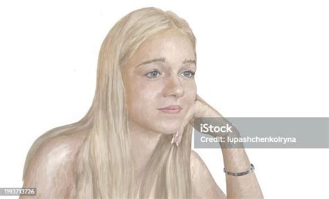 패션 일러스트 현대 작품 우화 인상파 그녀의 손에 휴식 긴 머리와 아름 다운 부드러운 미소 금발 여자의 수평 초상화 유화 물감에 대한 스톡 벡터 아트 및 기타 이미지