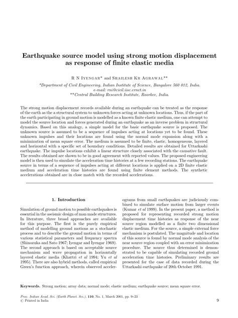 Pdf Earthquake Source Model Using Strong Motion Displacement As Response Of Finite Elastic Media