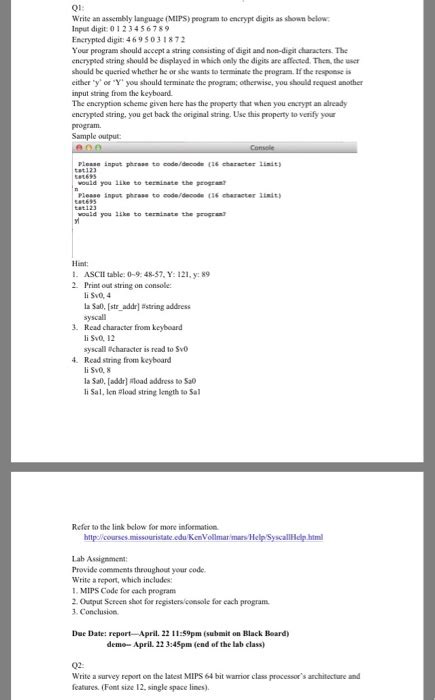 Solved Write An Assembly Language Mips Program To Encrypt
