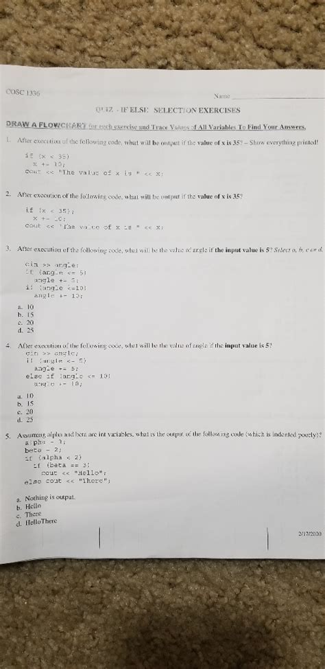 Solved COSC 1336 Name OUR IF ELSE SELECTION EXERCISES DRAW Chegg