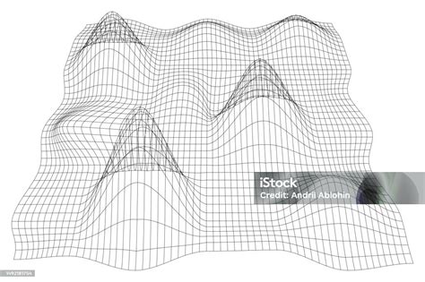 흰색 배경에 왜곡된 지형 와이어프레임 그리드 원근 변형 릴리프 메쉬 구조 변형된 어망 표면 벡터 외곽선 그림 3차원 형태에 대한 스톡 벡터 아트 및 기타 이미지 Istock