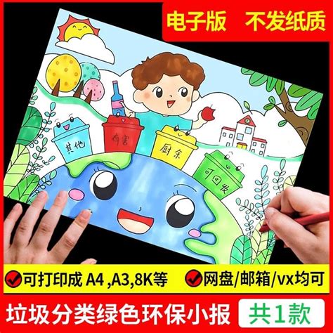 垃圾分类手抄报电子版模板保护生态环境绿色环保主题绘画儿童画小 虎窝淘