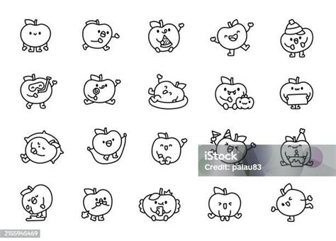 쾌활한 사과 캐릭터 색칠 공부 페이지 귀여운 만화 과일입니다 손으로 그린 스타일입니다 벡터 그리기 디자인 요소 모음 가공의