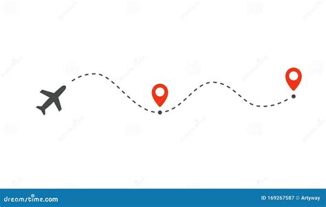 Plane Path With Location Pins Vector Illustration Path To Location By Plane Tourism Way Route