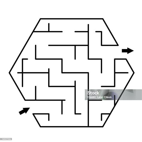 벡터 미로 템플릿입니다 흰색 배경에 격리된 빈 흑백 육각형 모양의 기하학적 미로 유치원 인쇄 가능한 교육 활동 또는 게임 샘플
