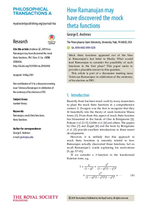 Pdf How Ramanujan May Have Discovered The Mock Theta Functions