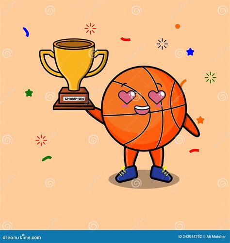 Cute Cartoon Of Basketball Holding Golden Trophy Stock Vector