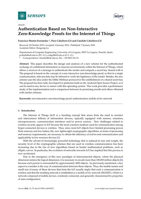 Pdf Authentication Based On Non Interactive Zero Knowledge Proofs For The Internet Of Things