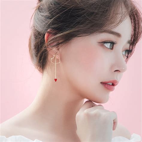 韩国s925银针不对称爱心耳钉丁真简约气质流苏滴油耳环女配耳饰品 虎窝淘