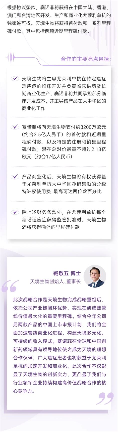 天境生物与赛诺菲就全球创新cd73靶向肿瘤疗法达成大中华区战略合作