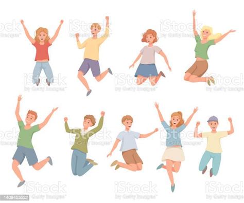 행복한 사람들 캐릭터 점프 손을 들어 벡터 세트 감정에 대한 스톡 벡터 아트 및 기타 이미지 감정 개념 긍정적인 감정 표현 Istock