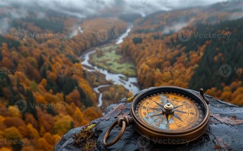 A Compass Is Sitting On A Rock In A Forest The Compass Is Pointing To