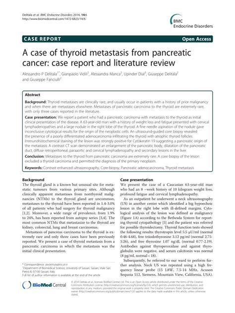 Pdf A Case Of Thyroid Metastasis From Pancreatic Cancer Case Report And Literature Review