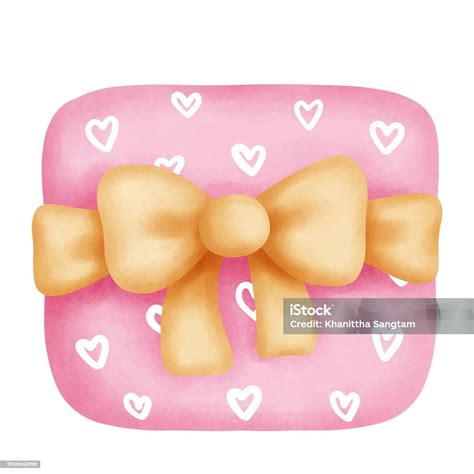 수채화 핑크 선물 상자 노란 리본 활 그림 파티 장식을 위한 손으로 그린 수채화 요소 귀여운에 대한 스톡 벡터 아트 및 기타 이미지 귀여운 기념일 나비매듭 Istock