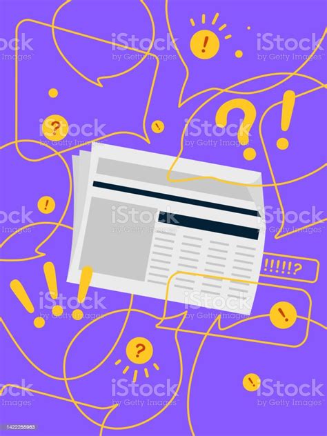 신문 업데이트 밝은 대비 노란색과 보라색 배경에 고립 된 음성 거품이있는 플랫 벡터 개념 긴급 뉴스 정보 과부하 메시징 경고 및 통신 Scandal에 대한 스톡 벡터 아트
