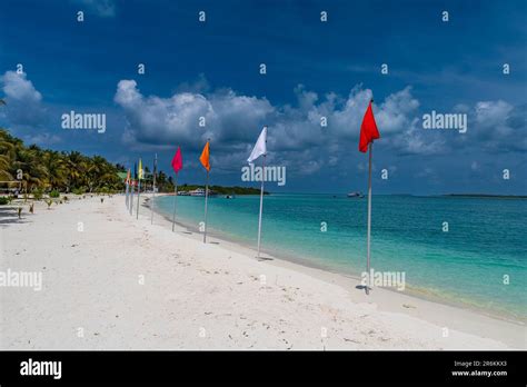 White Sand Beach With Many Flags Bangaram Island Lakshadweep