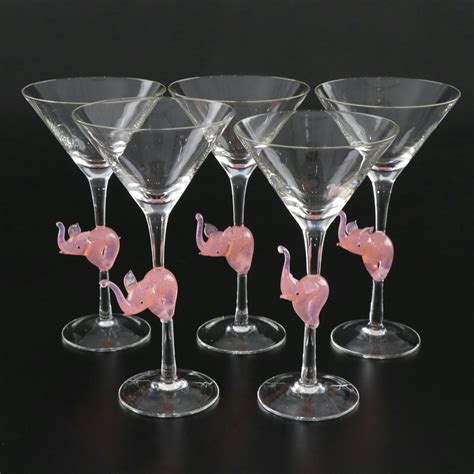 Murano Hand Blown Pink Elephant Cosmomartini Glasses Set Of Five